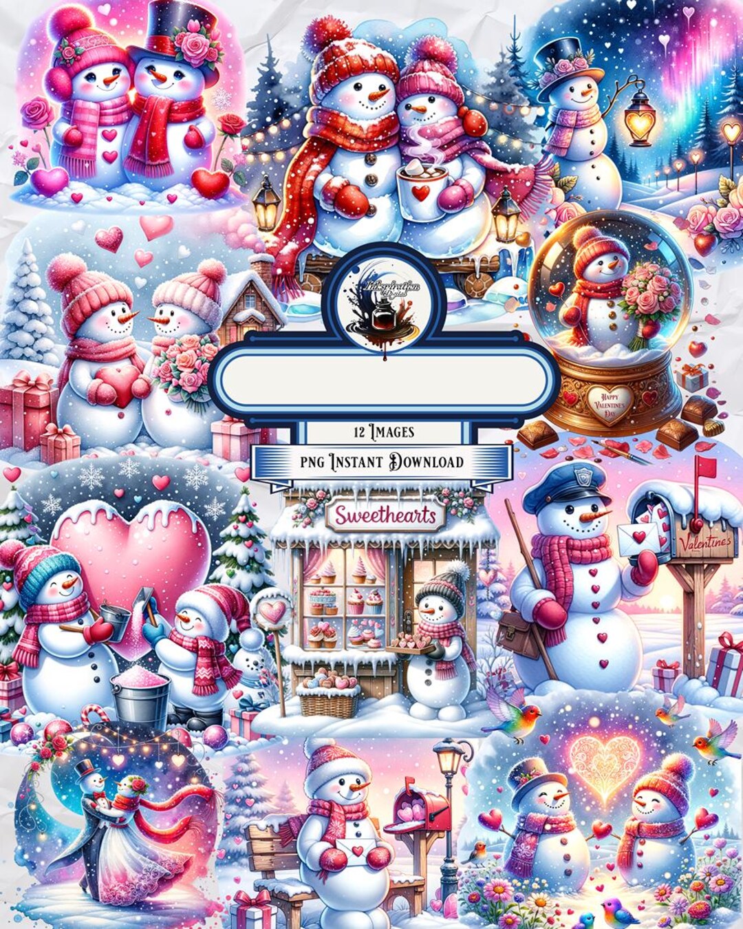 Valentines Snowman Clipart Bundle, Romantic Couple Winter PNG, Hearts ...