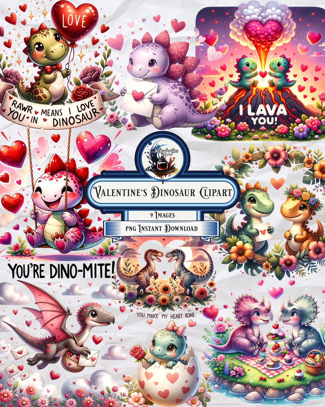 Valentines Dinosaur Clipart, You're Dino-mite, I Lava You and More Cute ...