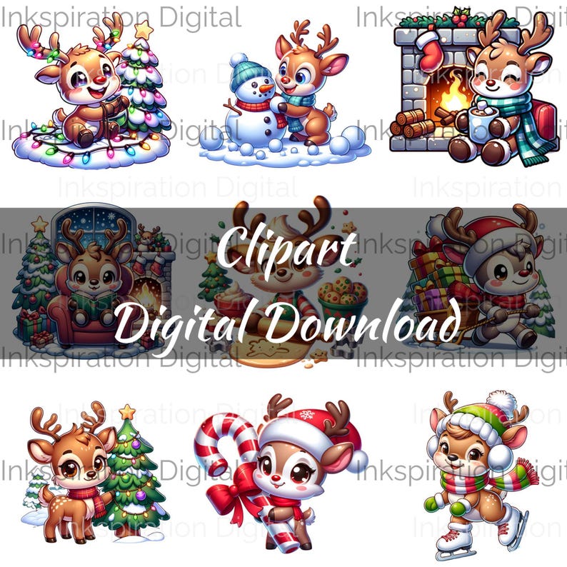Christmas Reindeer Clipart Cute Holiday Deer Characters With Cozy ...