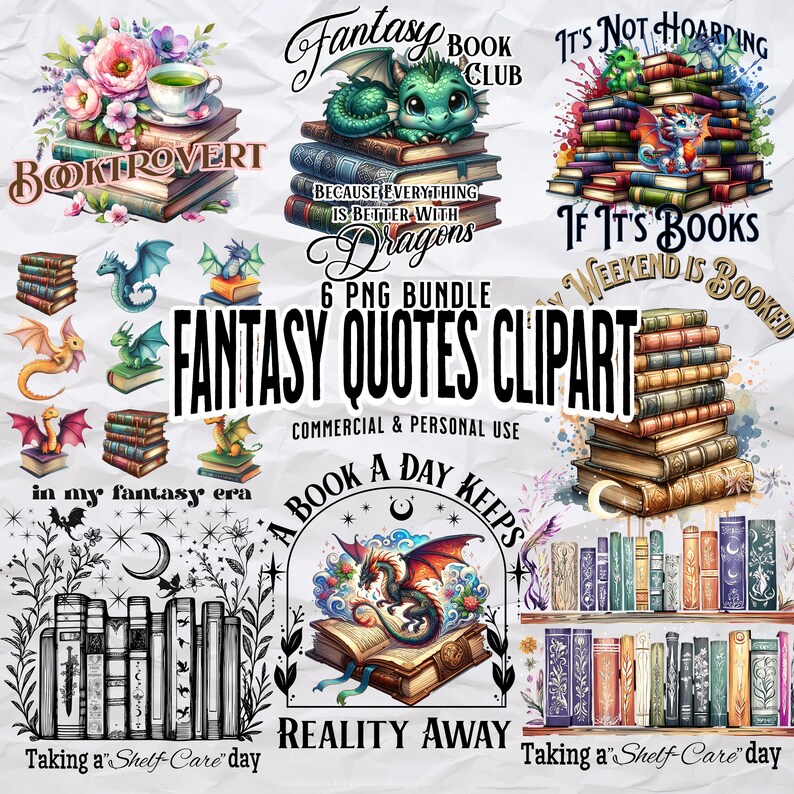 Fantasy Book Lover Clipart Bundle, Dragon & Book Quotes PNG, Self-care ...