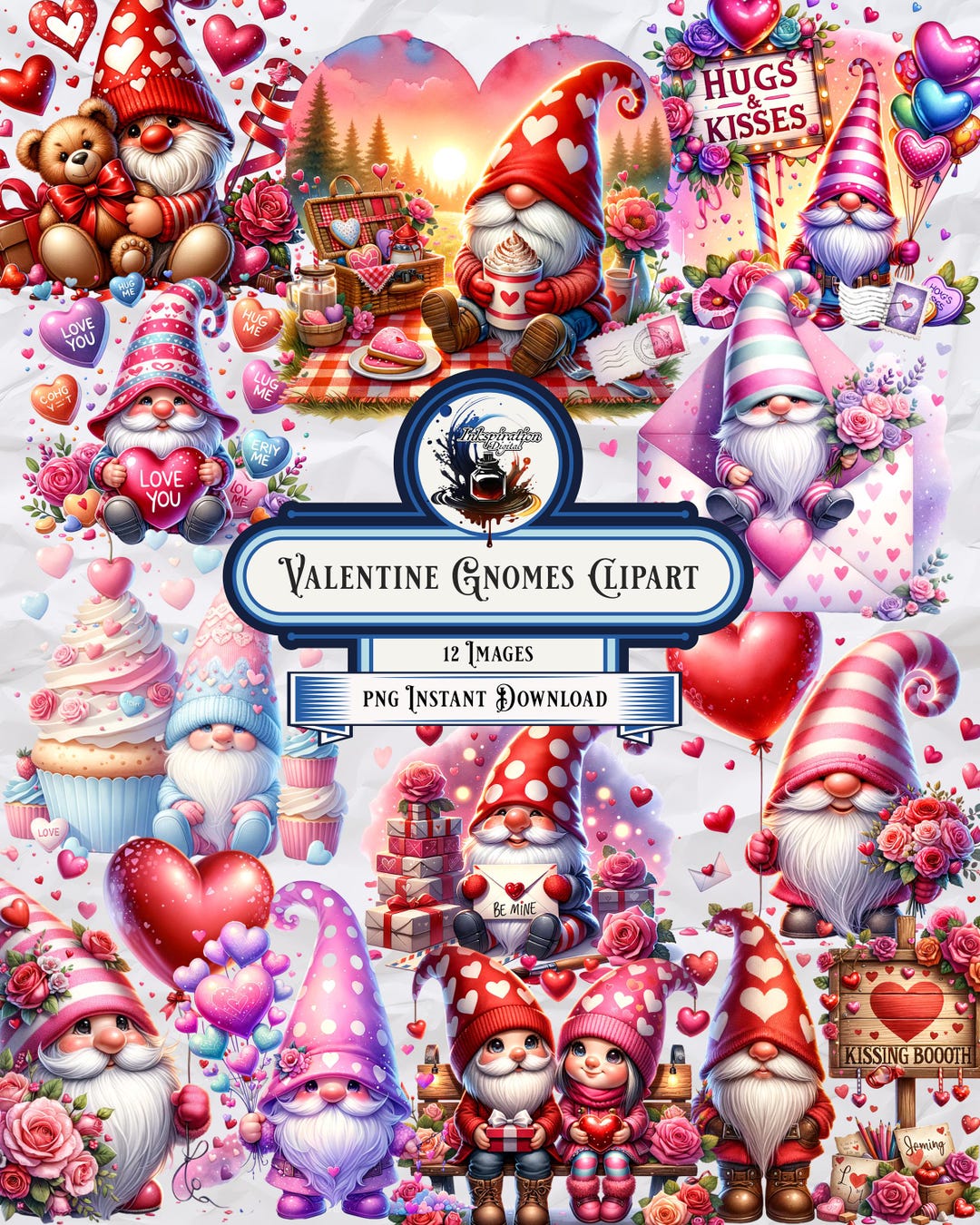 Valentine Gnomes Clipart Bundle, Cute Love-themed Pngs for Crafts ...