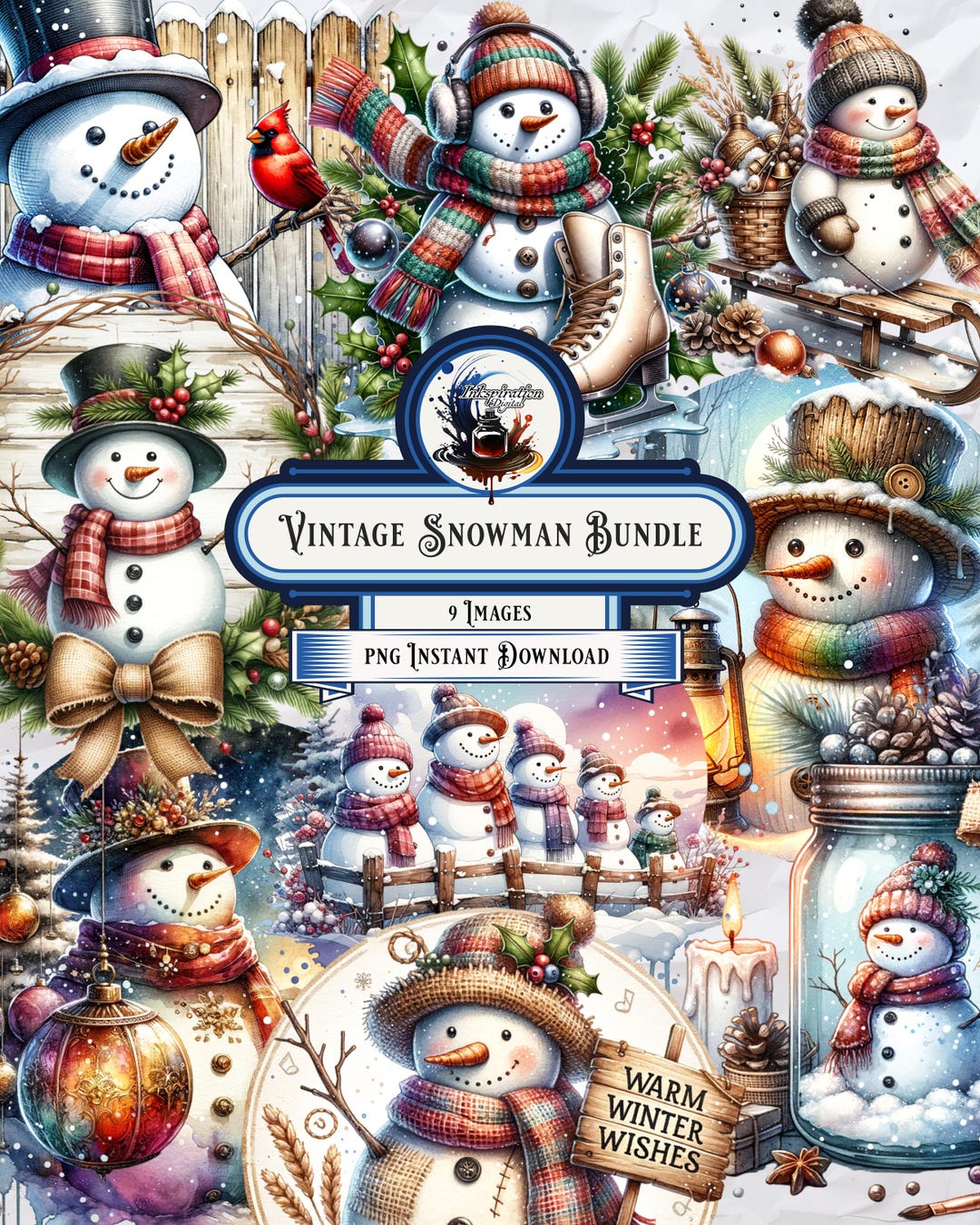 Vintage Rustic Snowman Clipart Bundle, Cozy Farmhouse Christmas ...