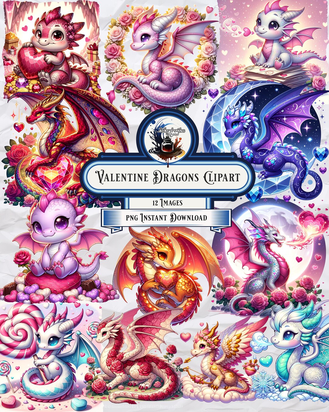 Valentine Dragons Clipart Bundle, Cute & Majestic Dragon Pngs, Fantasy ...