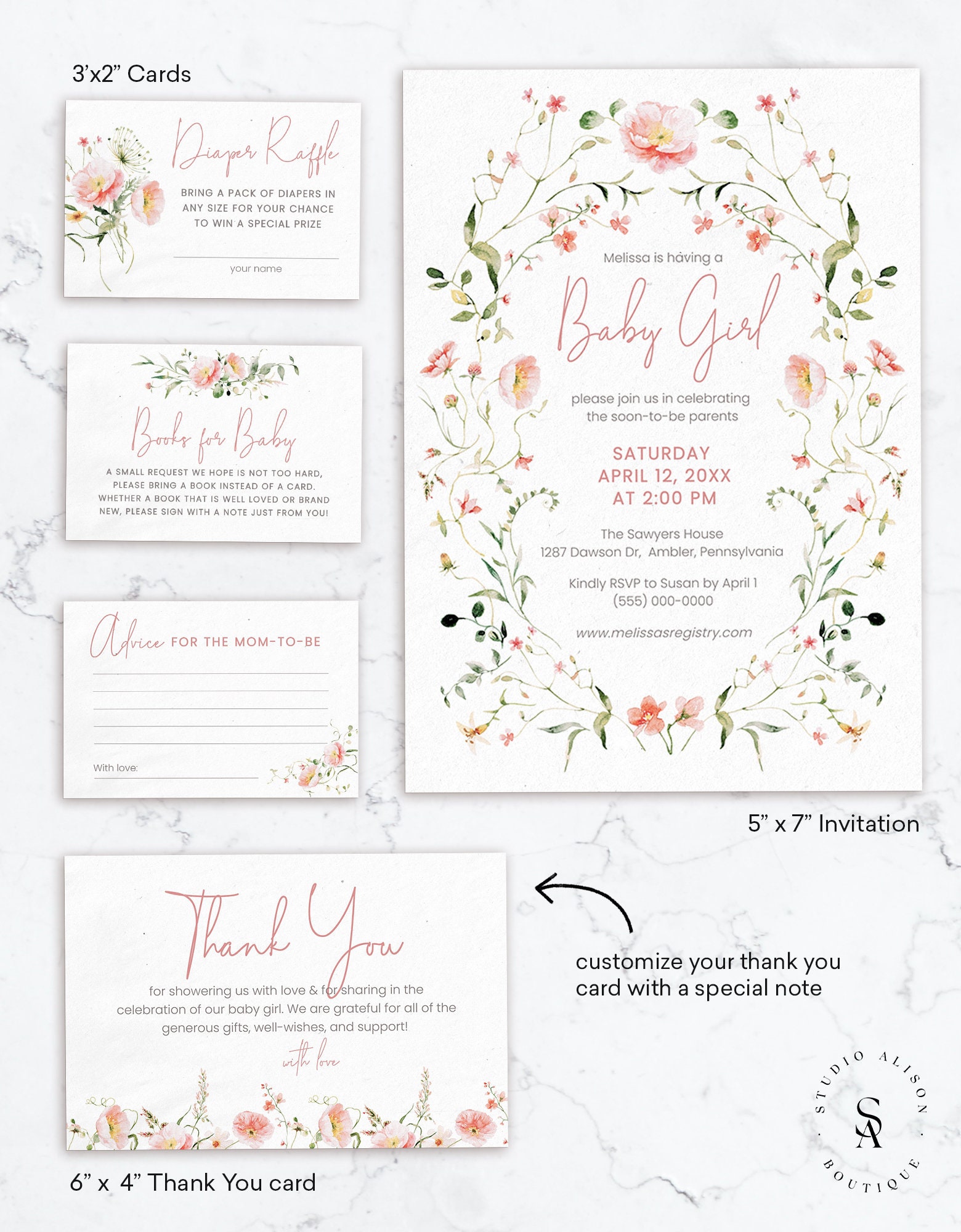 Baby Girl Shower Invitation Set Template | Pink Baby Shower Invitation ...