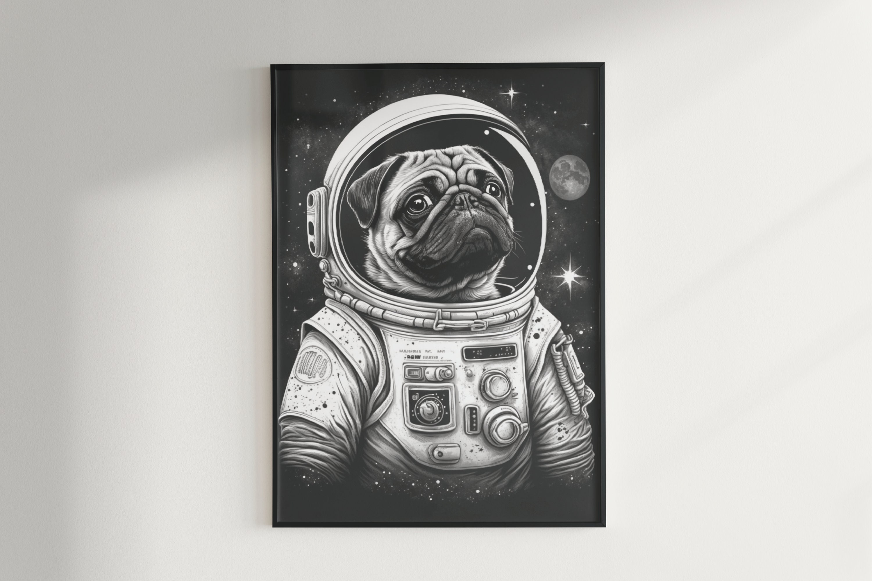 Space Dog Animal Themed Digital Art Pug Cute Black and White Canvas ...