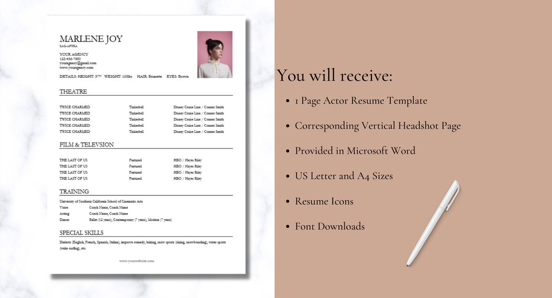 Actor Resume Template With Matching Headshot Template Actor - Etsy