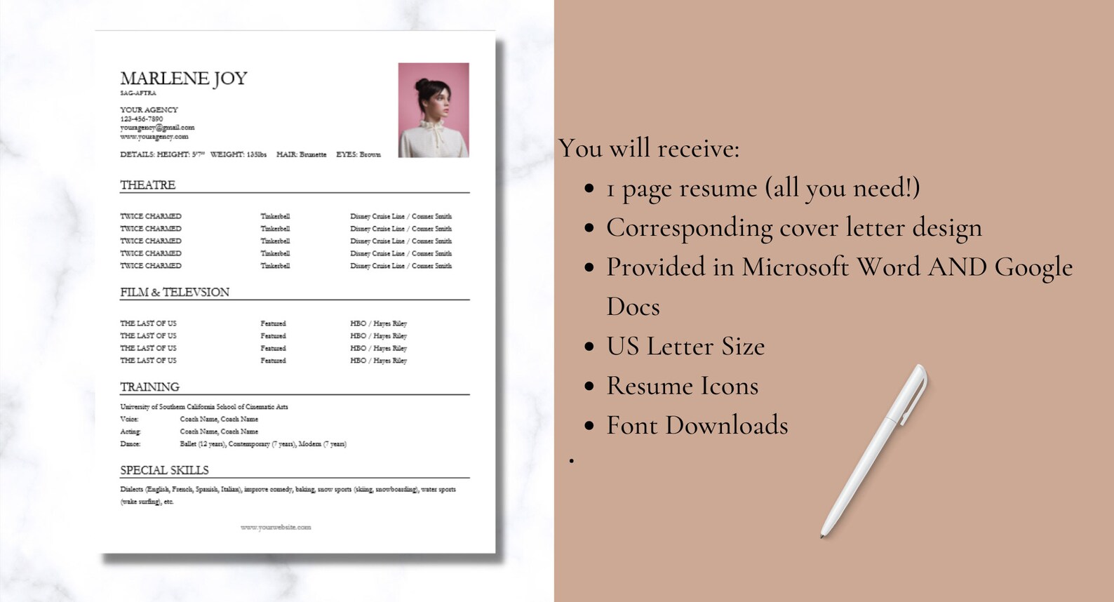 Actor Resume Template With Matching Headshot Template Actor Resume ...