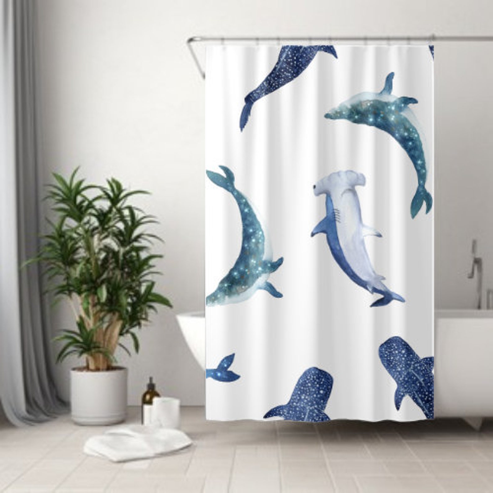Shark Shower Curtain Ocean Bathroom Sea Life Watercolor Shark Print ...