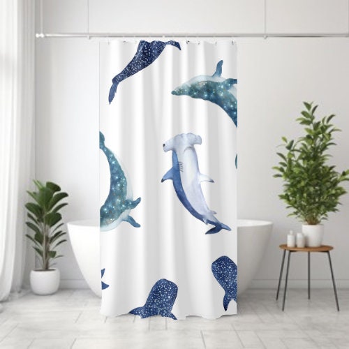 Shark Shower Curtain Ocean Bathroom Sea Life Watercolor Shark Print ...