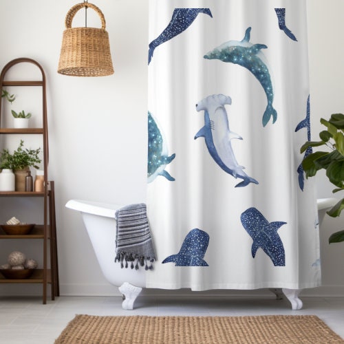 Shark Shower Curtain Ocean Bathroom Sea Life Watercolor Shark Print ...