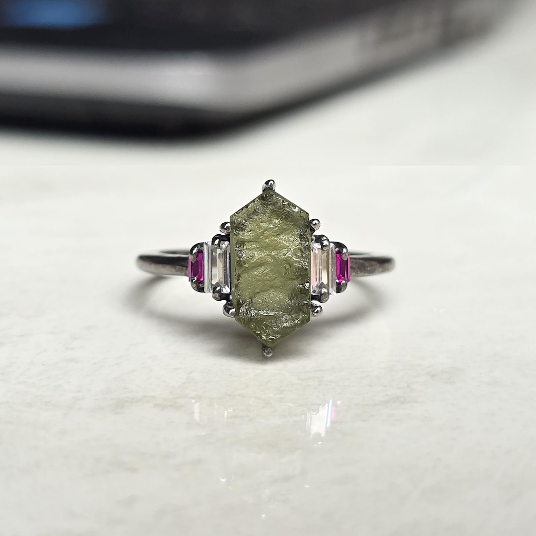 Raw Moldavite Hexagon Ring: Sterling Silver Gemstone, Handmade - Etsy