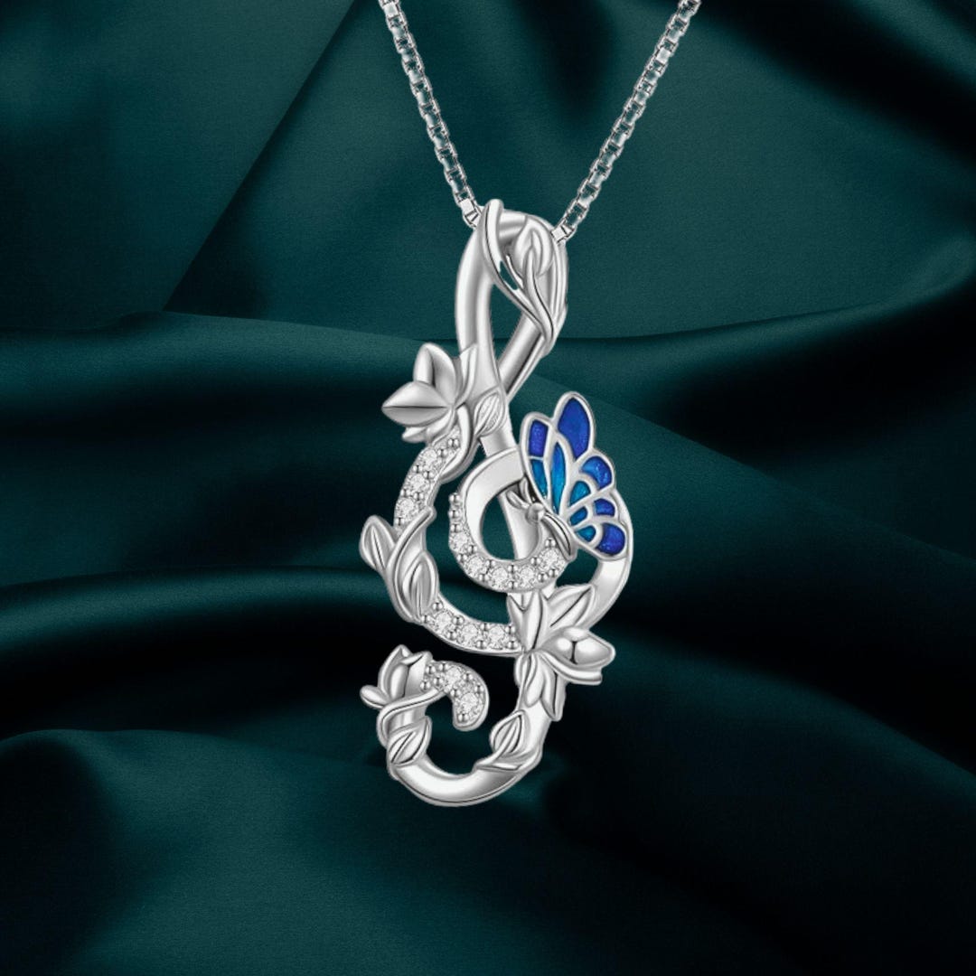 Music Note Necklace Treble Clef Butterfly Pendant Necklace Sterling ...