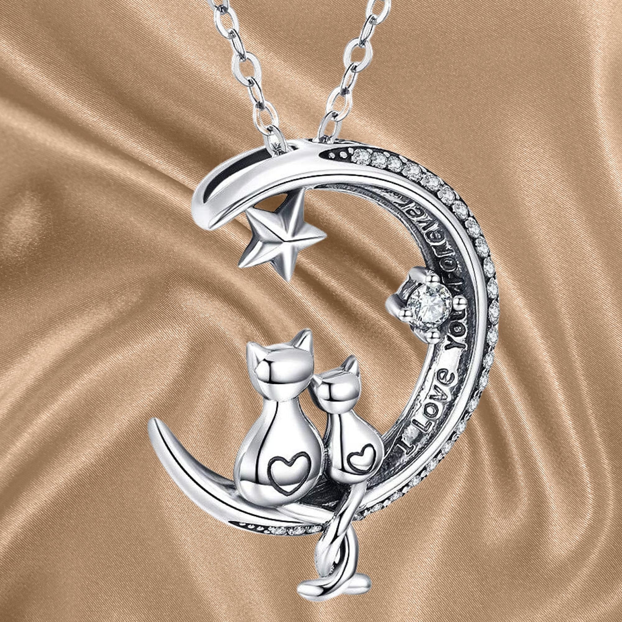 Cat Necklace 925 Sterling Silver Cat on Moon Pendant With Cubic ...