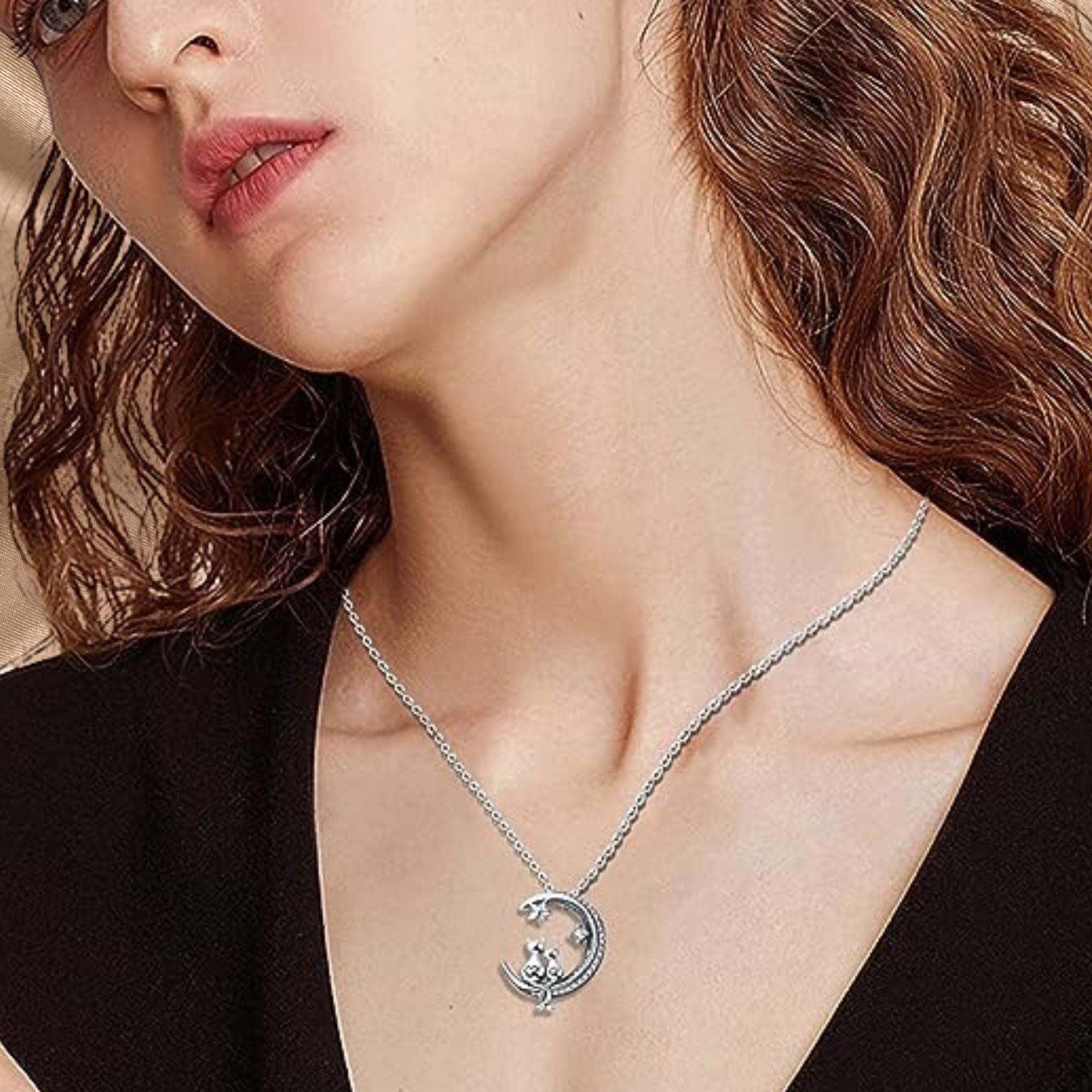 Cat Necklace 925 Sterling Silver Cat on Moon Pendant With Cubic ...