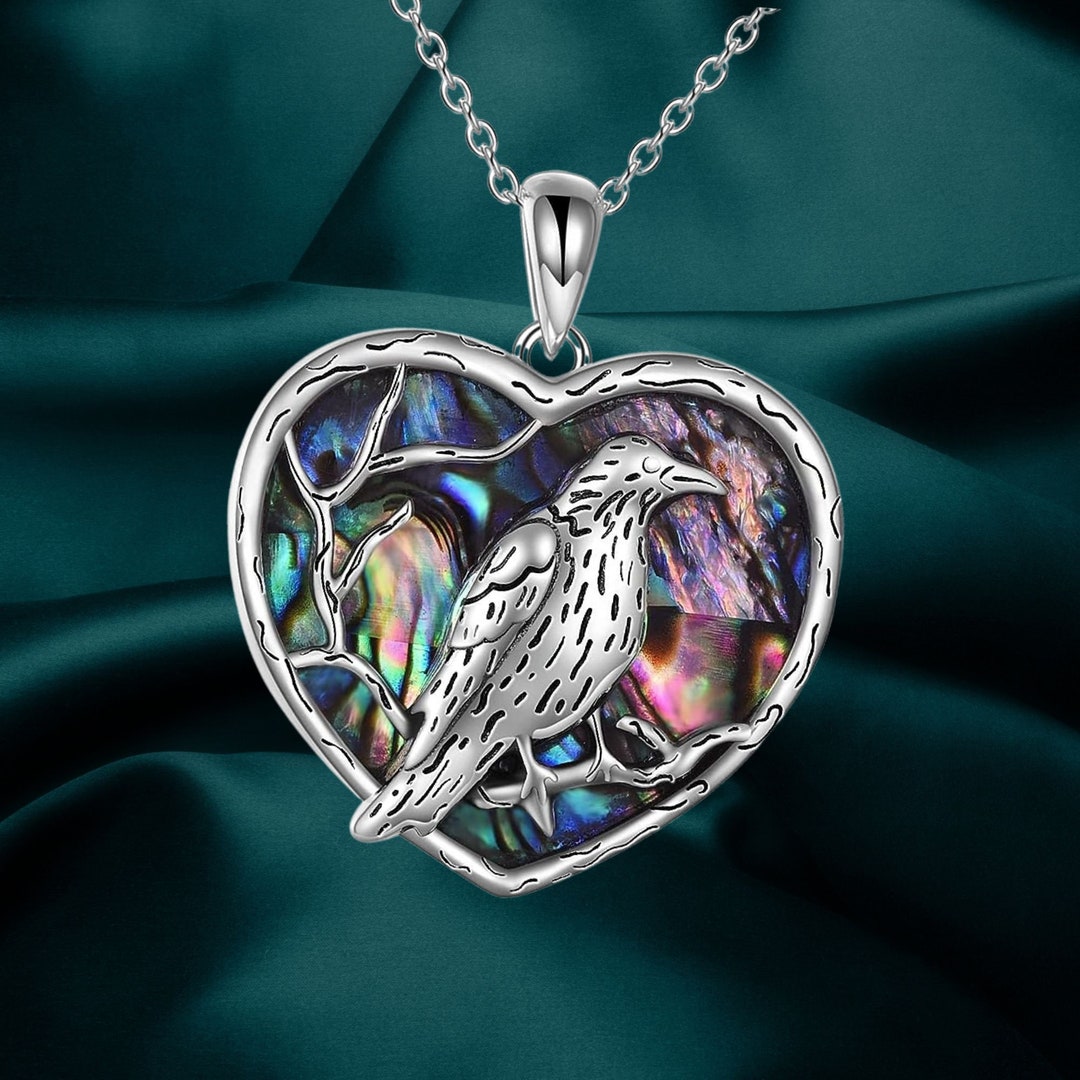 Raven Pendant Necklace for Women Snake Necklace Sterling Silver Abalone ...