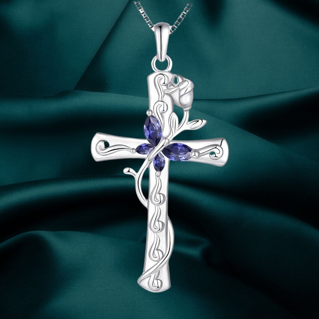 Butterfly Cross Necklace Sterling Silver Cubic Zirconia Rose Pendant - Etsy