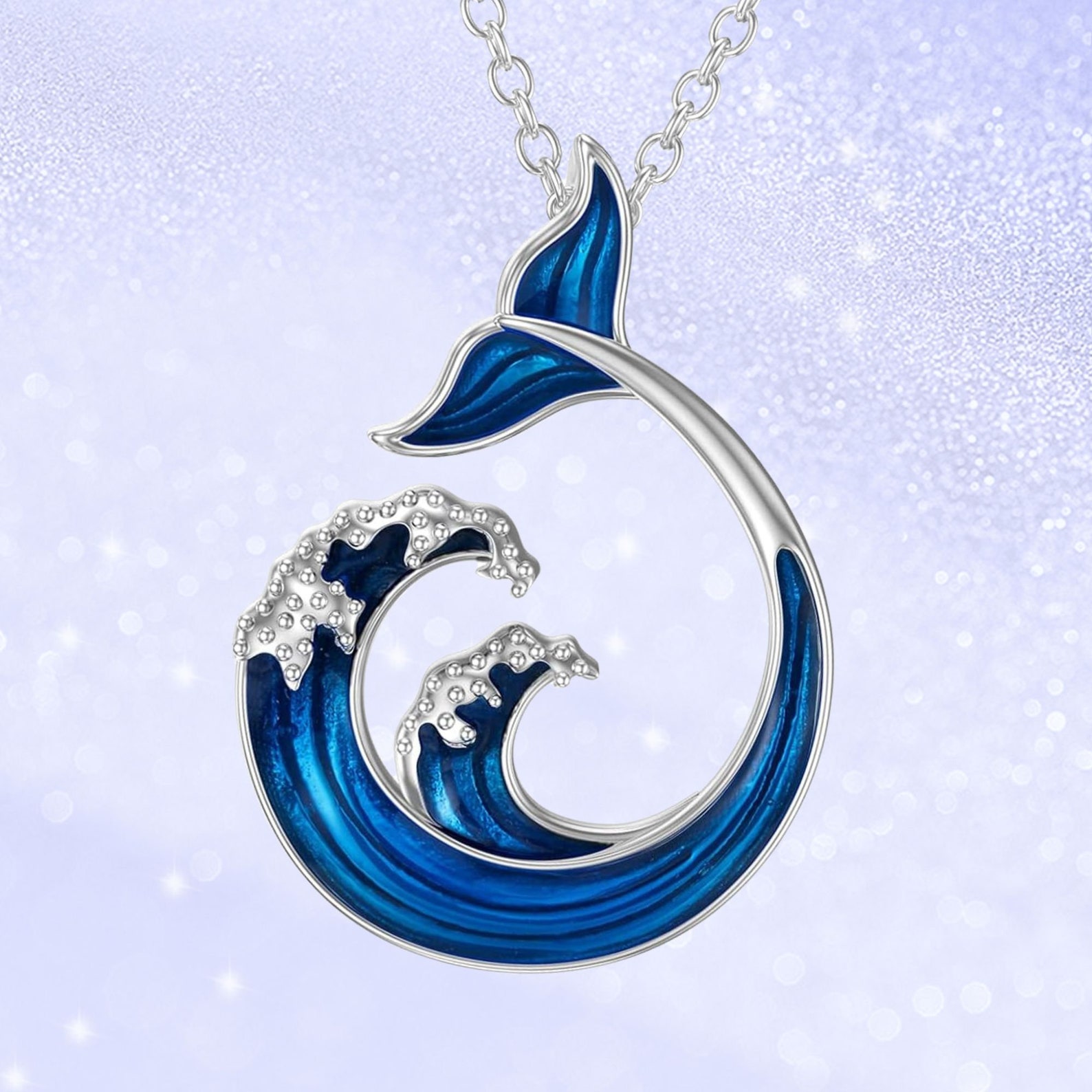 Wave and Fish Tale Necklace 925 Sterling Silver Tail Pendant Blue Ocean ...