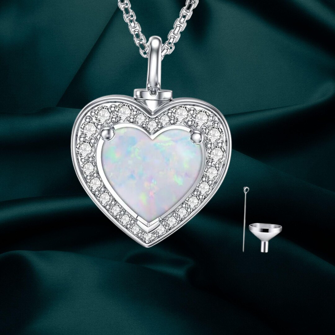 Heart Urn Opal Necklace 925 Sterling Silver Memorial Pendant Necklace ...