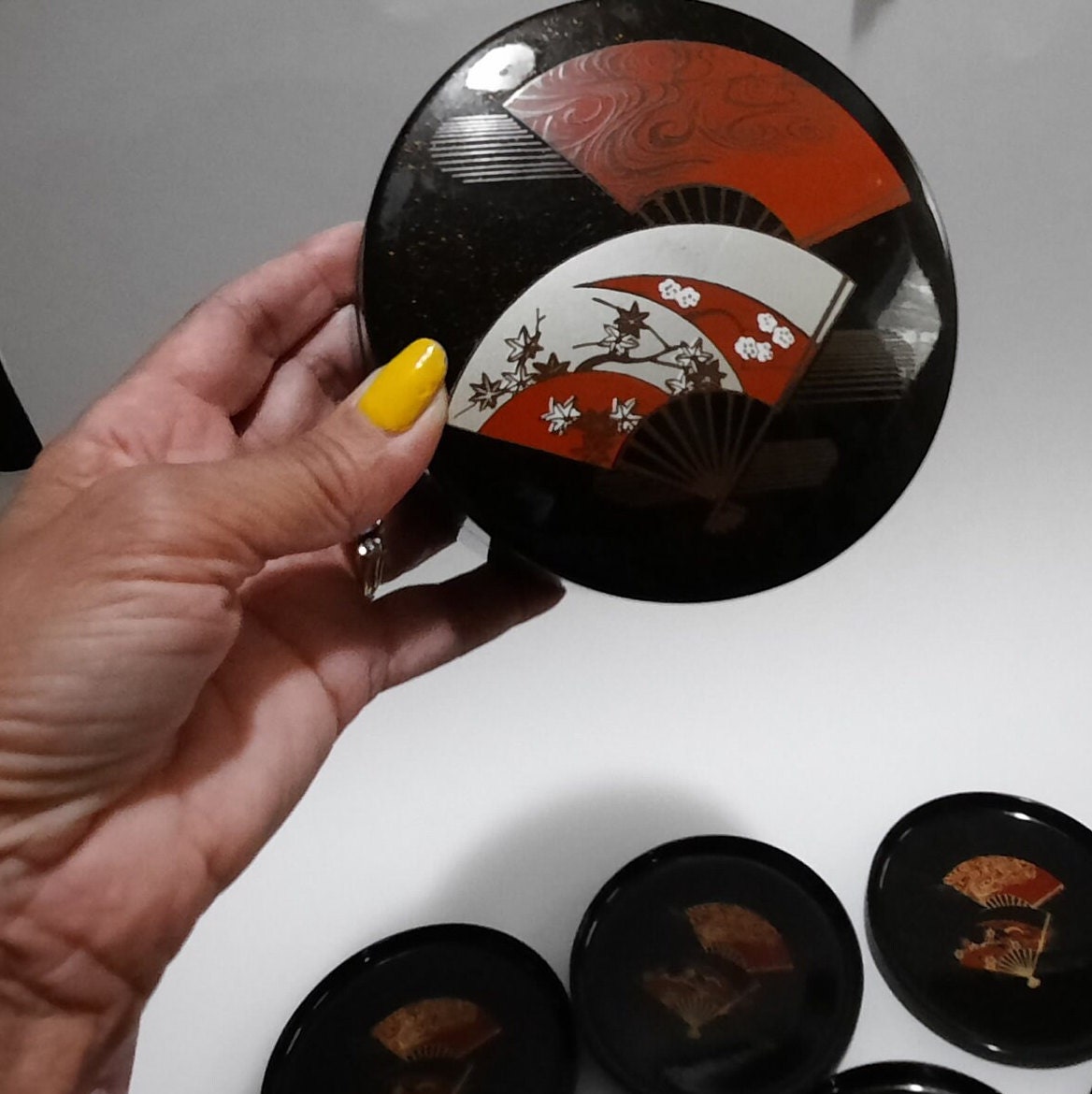 Black Gold Lacquer Fan Japan Oriental Fan Coasters Set - Etsy