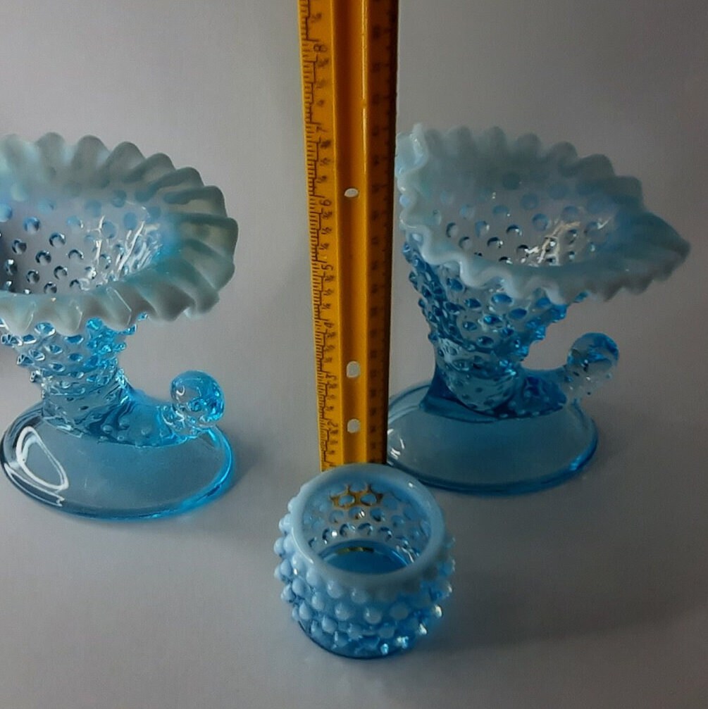 Vintage Fenton Blue Opalescent Glass Hobnail Cornucopia Vases - Etsy