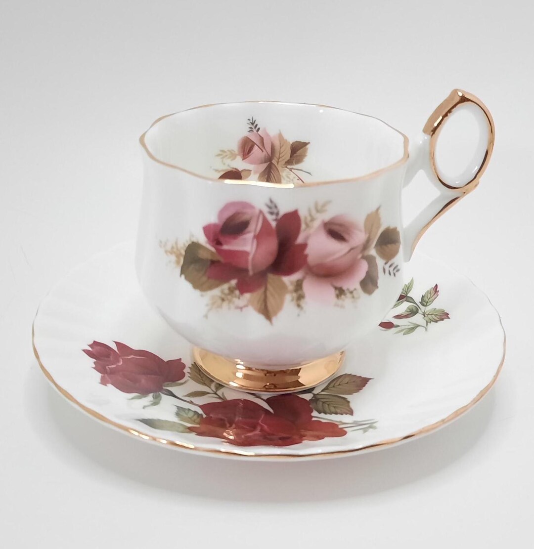Vintage Elizabeth Fine Bone China Teacup and Saucer Red Pink and White ...