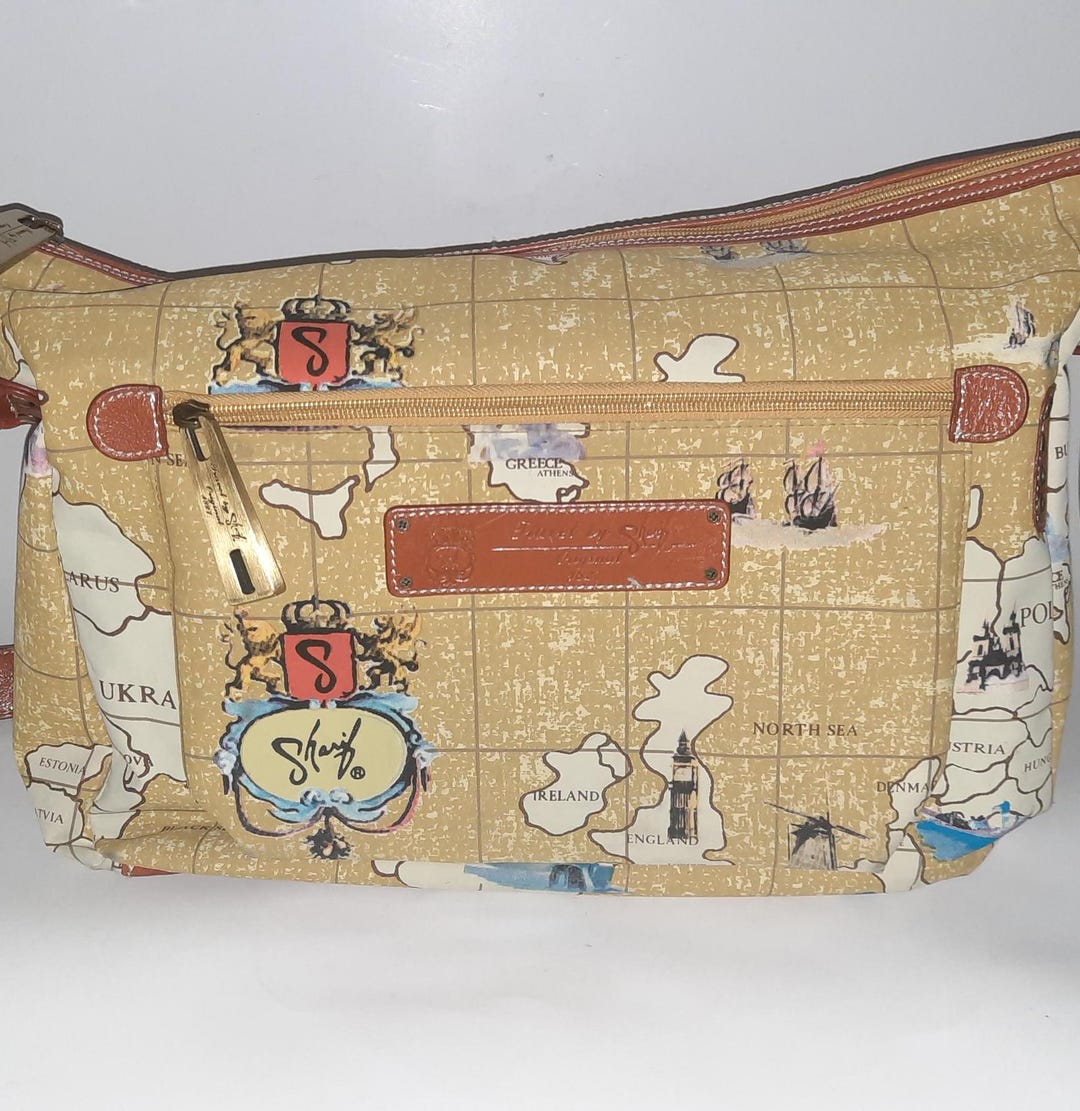 Travel by Sharif Map Print Shoulder Bag Purse Mustard Yellow Leather ...