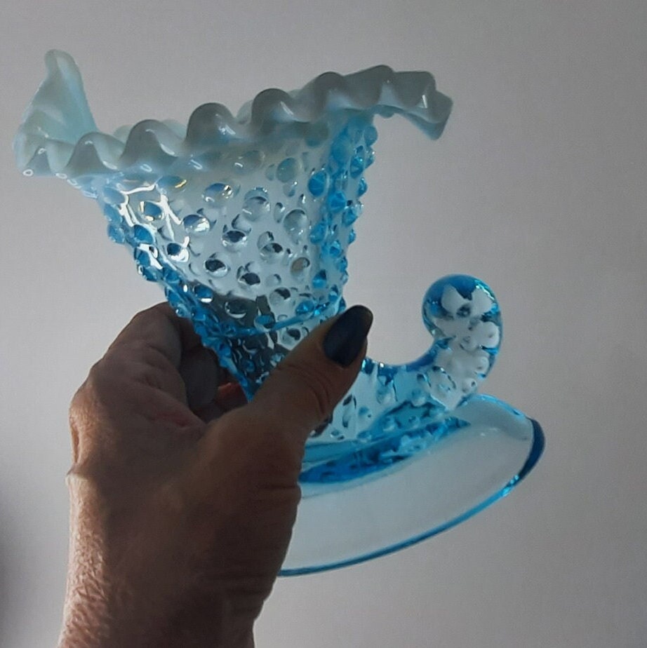 Vintage Fenton Blue Opalescent Glass Hobnail Cornucopia Vases - Etsy