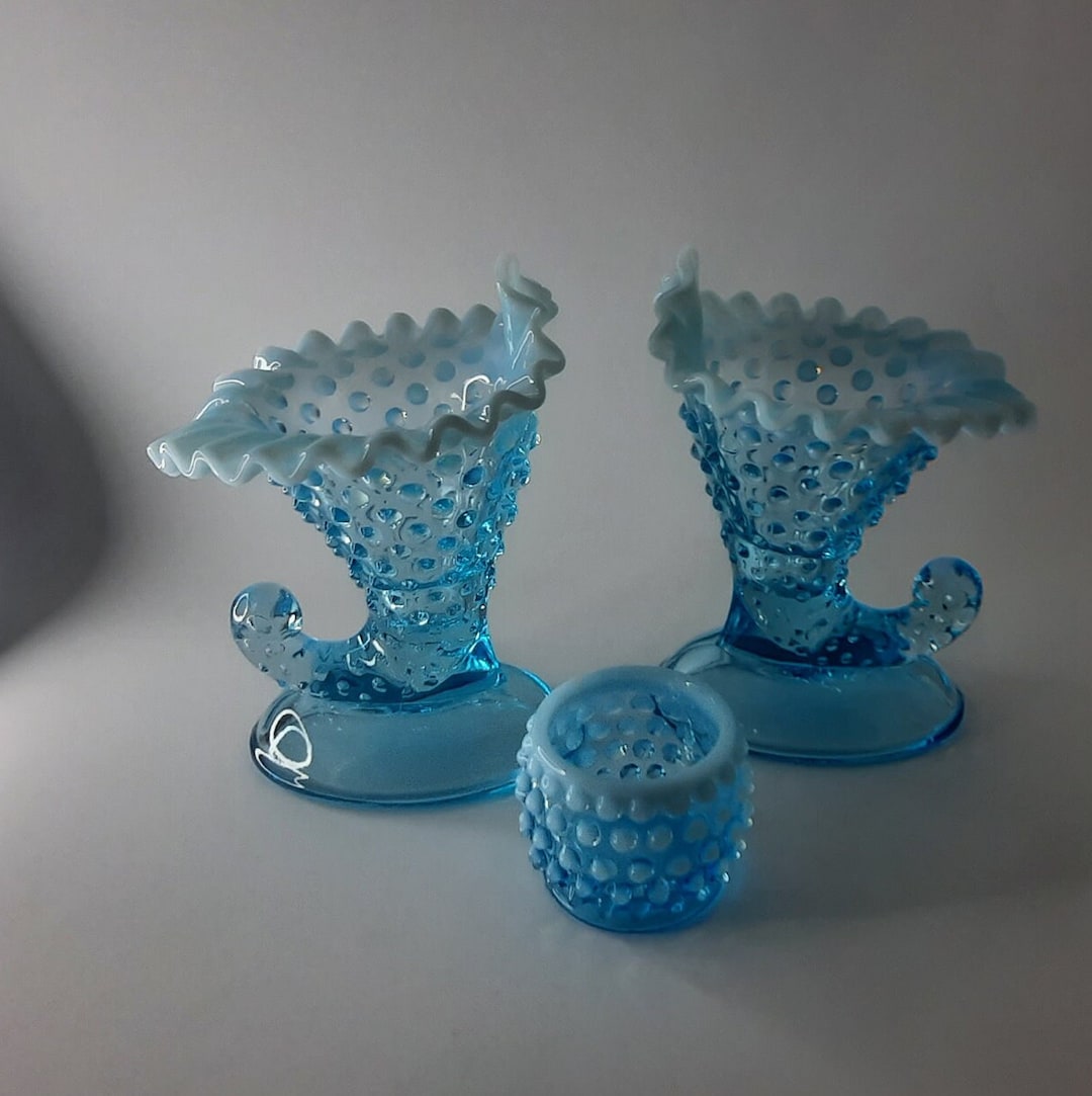 Vintage Fenton Blue Opalescent Glass Hobnail Cornucopia Vases - Etsy