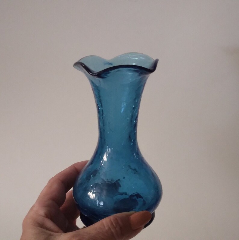 Vintage Crackle Glass Blue Bud Vase Ruffle Edge - Etsy