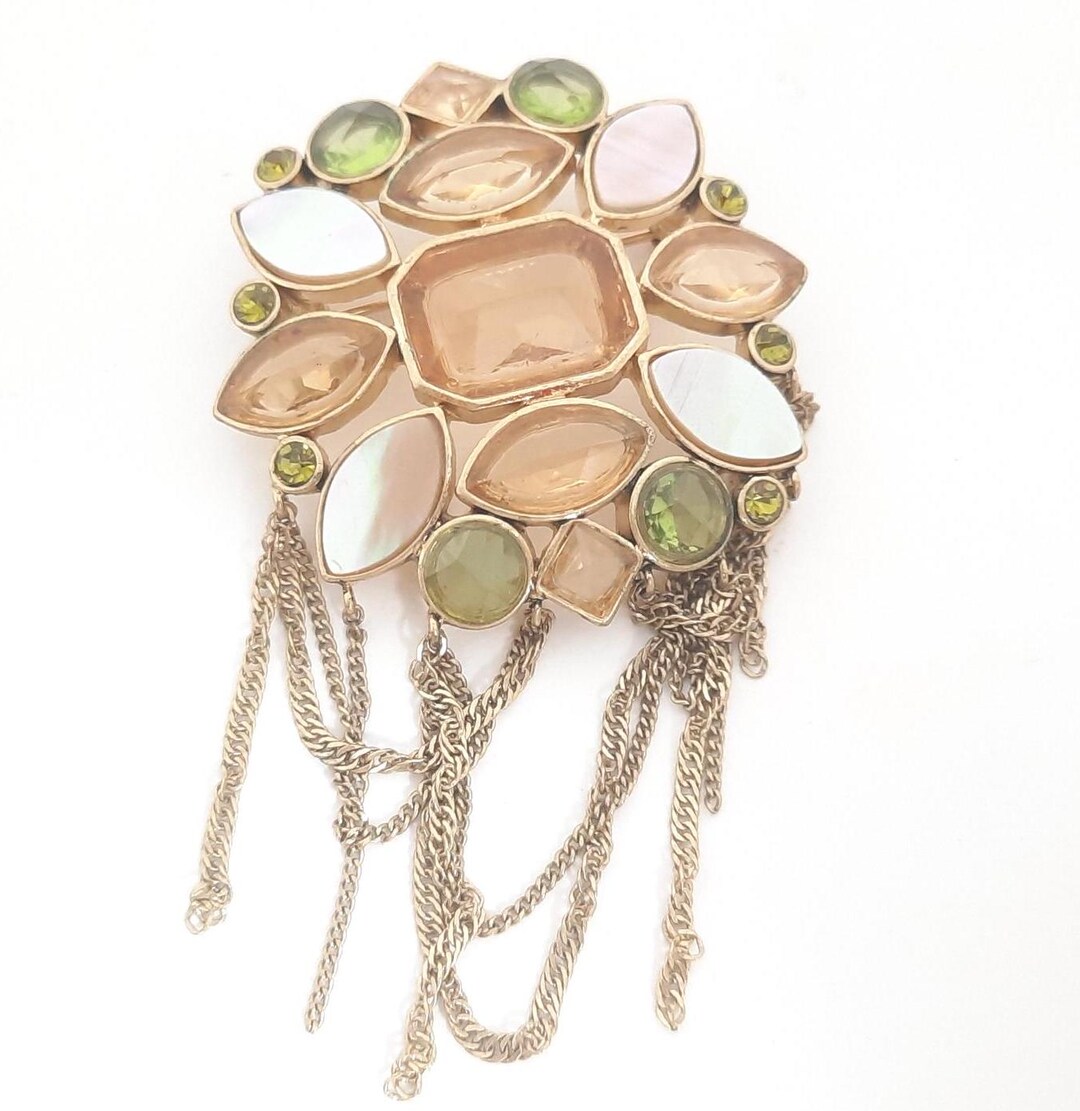 Vintage KC Brooch Pin Multicolor Stone Gold Tone Chain - Etsy