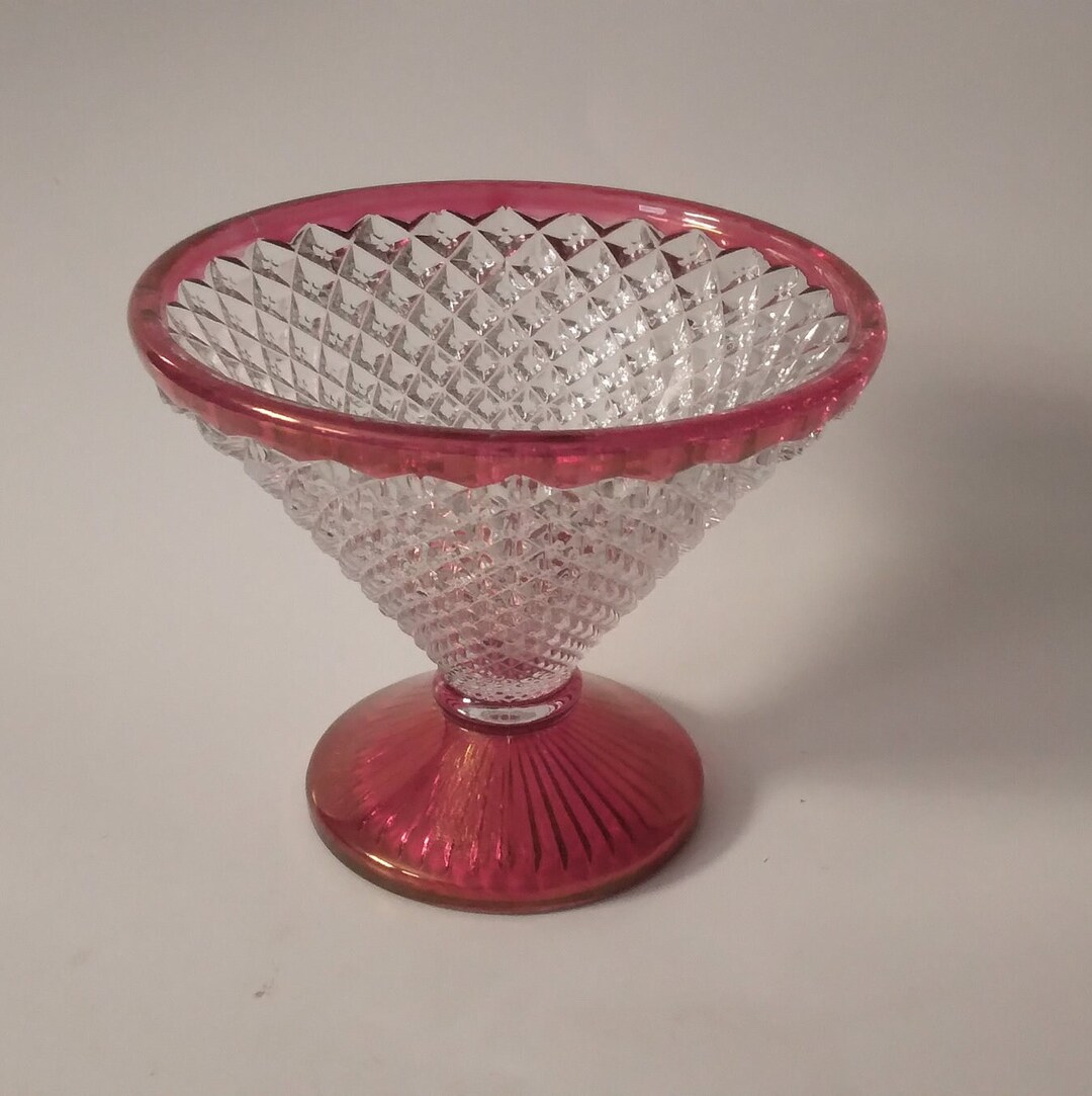 Vintage Ruby Red Rim Glass Diamond Pattern Compote/ Footed Candy Dish ...