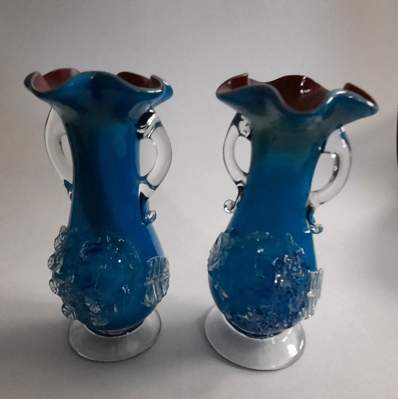 Vintage Hand Blown Blue Glass Vase With Applied Clear Glass Double Handle Etsy