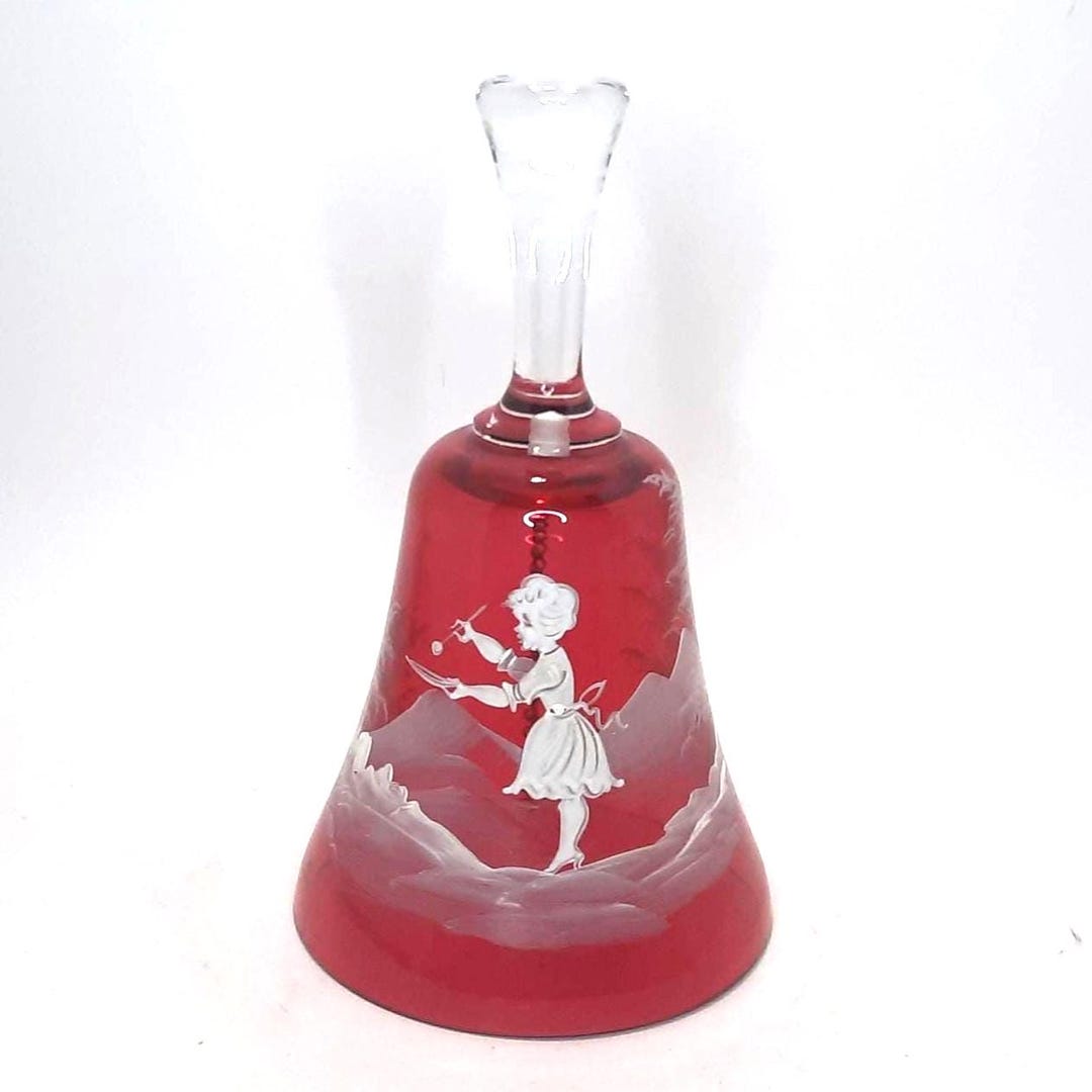 Vintage Mary Gregory Fenton Red With Clear Handle Bell Hand Painted - Etsy