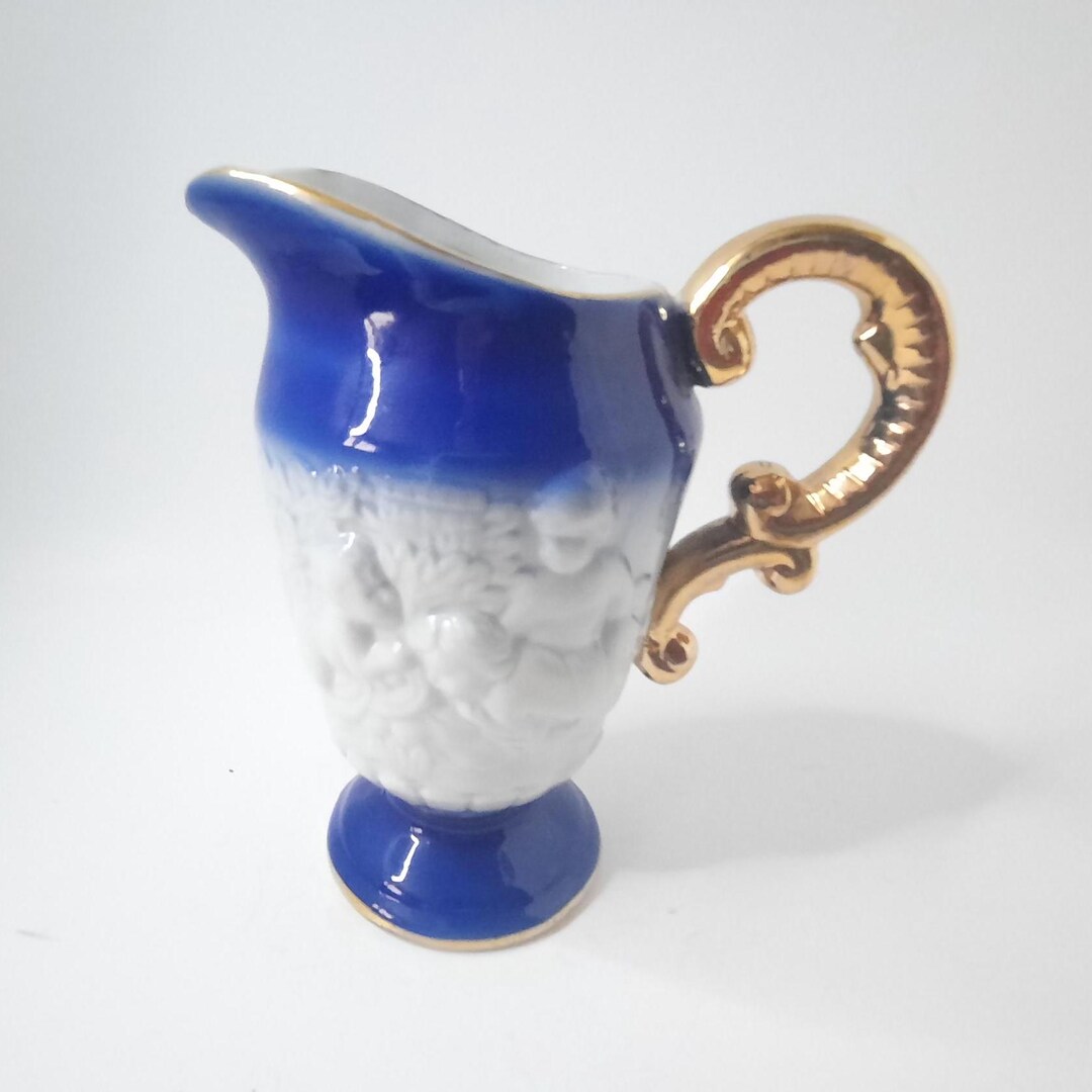 Vintage Cherubs Blue and White Pitcher Creamer With Gold Tone Handle - Etsy