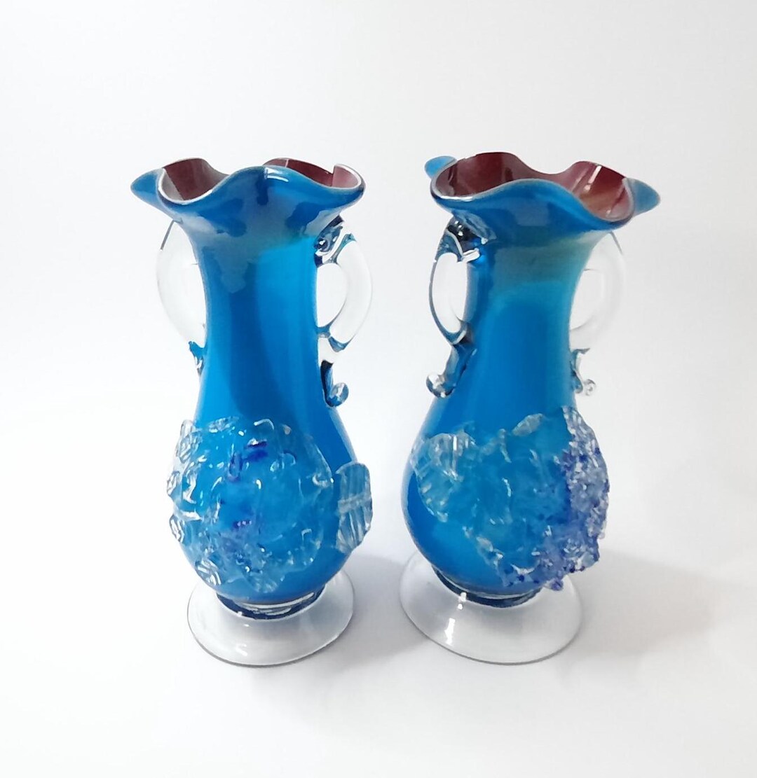 Vintage Hand-blown Blue Glass Vase With Applied Clear Glass Double ...