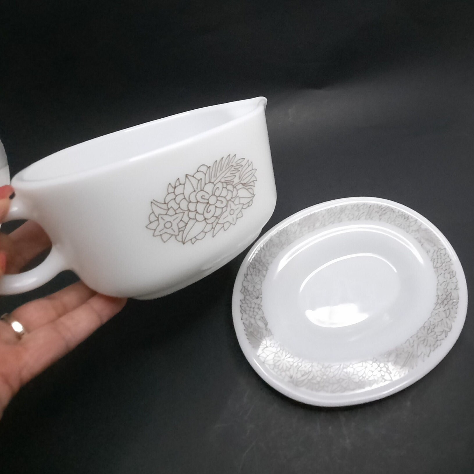 Vintage Woodland Pyrex Gravy Bowl and Under Plate Milk Glass Brown ...