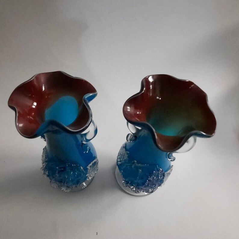 Vintage Hand Blown Blue Glass Vase With Applied Clear Glass Double Handle Etsy