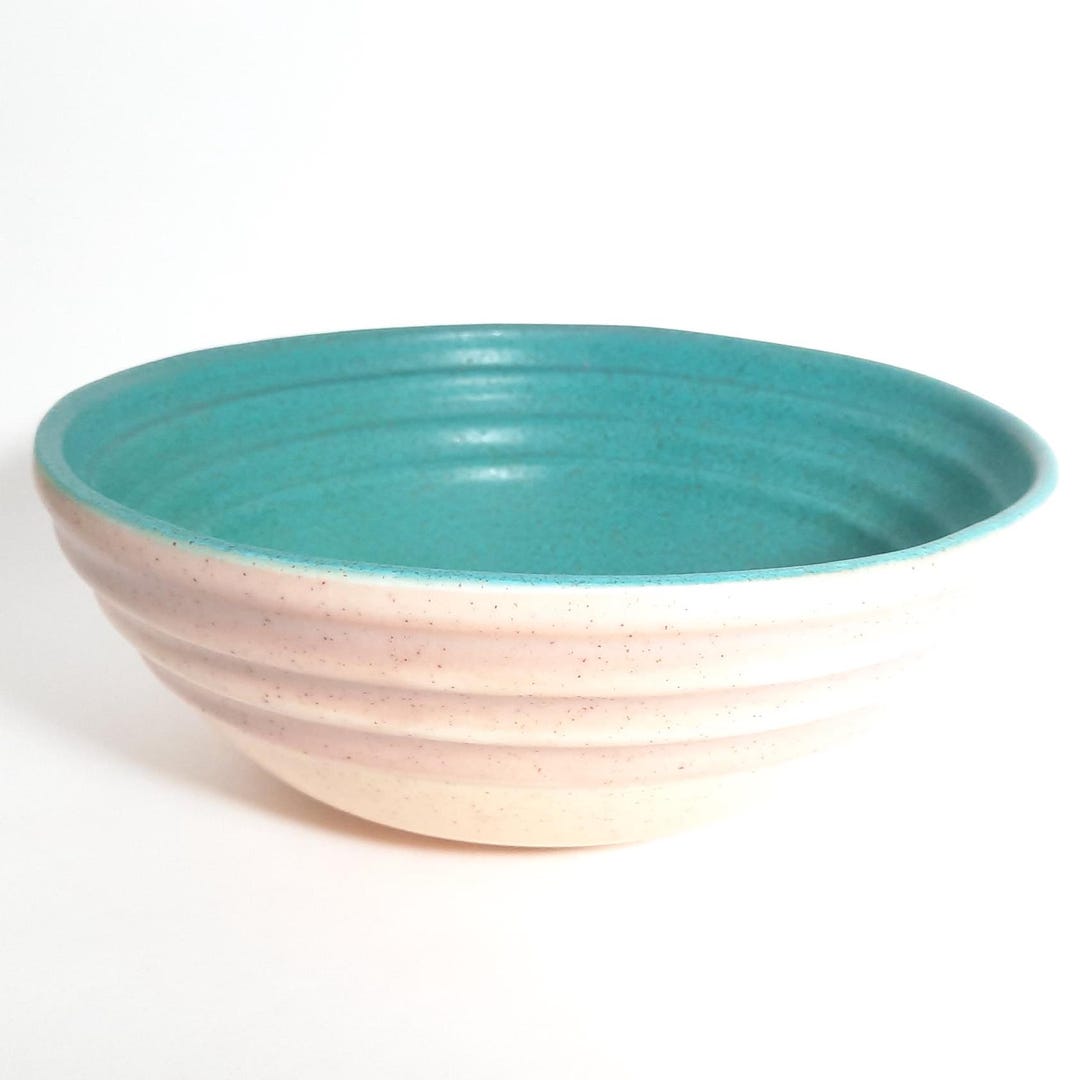Vintage Treasure Craft Turquoise & Beige Bowl - 8.75" Diameter Made in ...