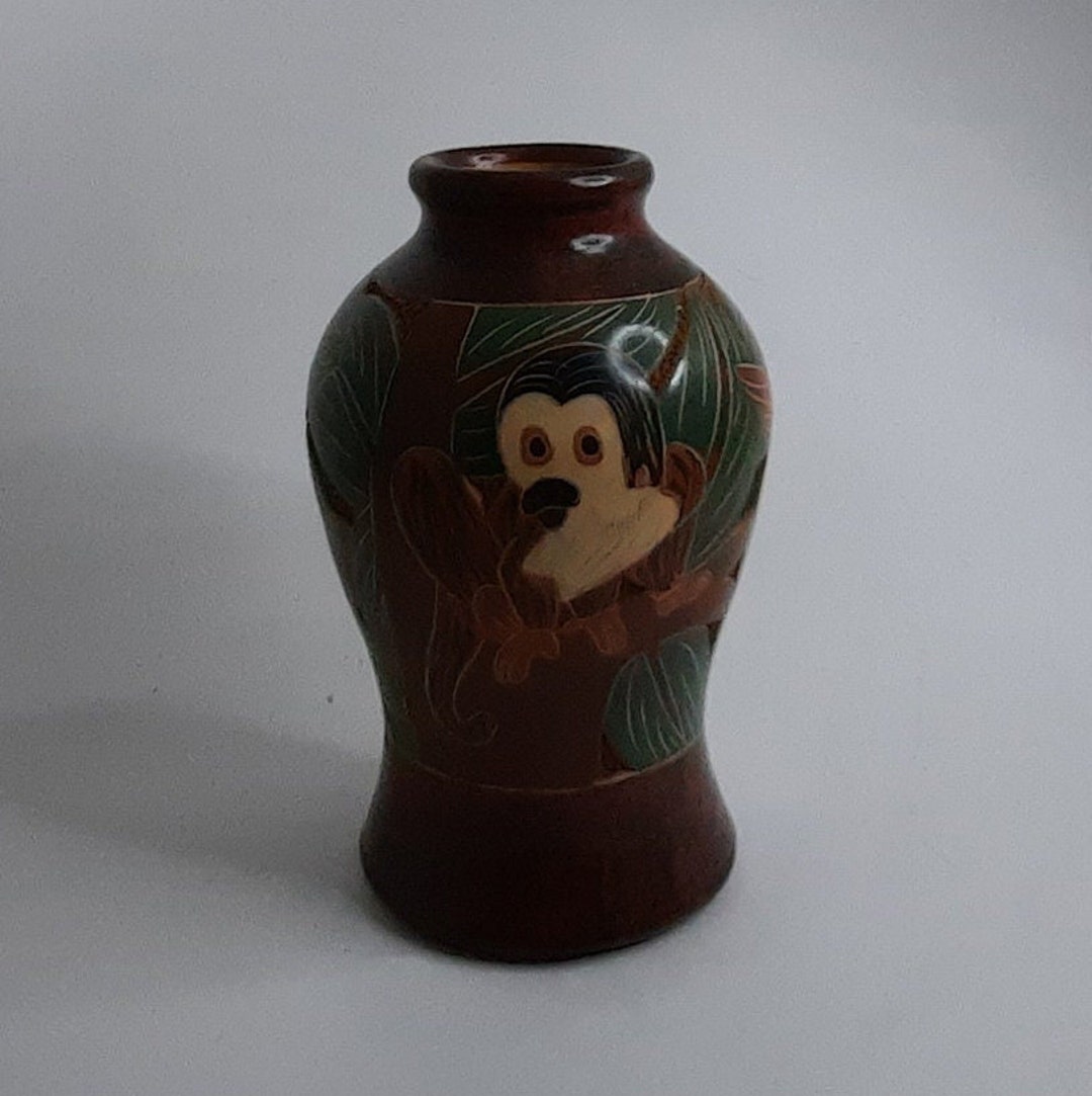 Fork Art Pottery Hand Painted Etched Brown Green Monkey Vase - Etsy
