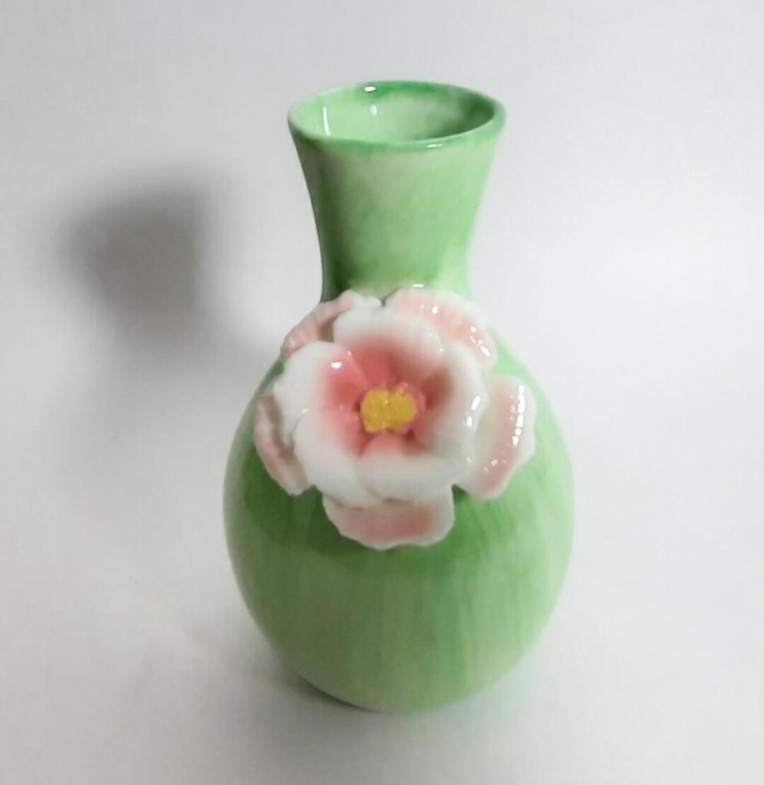 Porcelain Green Vase With Pink Attached Flower - Etsy