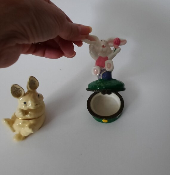Enameled Ceramic Jeweled Bunny Rabbit Lot Ot Two Trin… - Gem