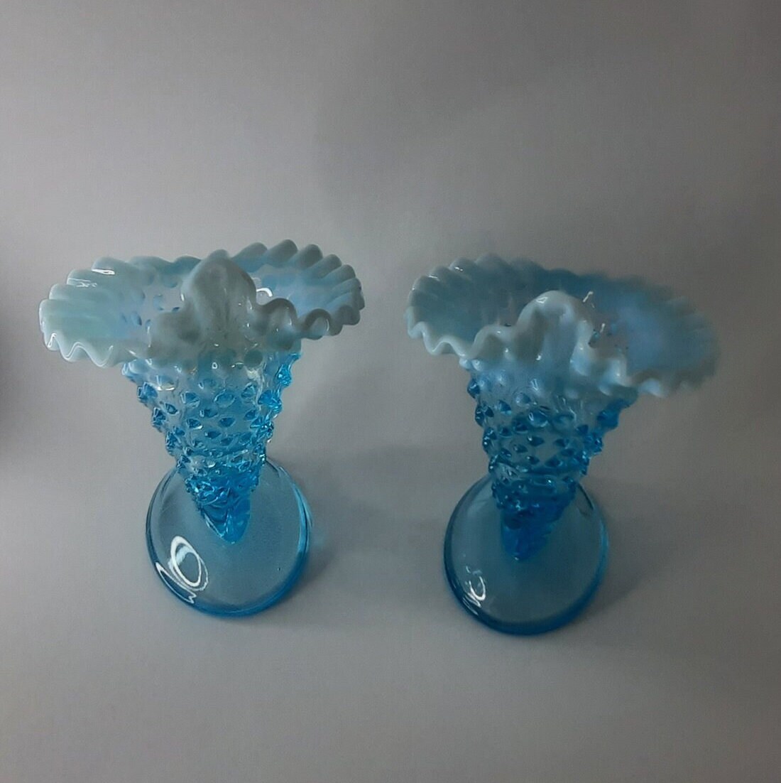 Vintage Fenton Blue Opalescent Glass Hobnail Cornucopia Vases - Etsy
