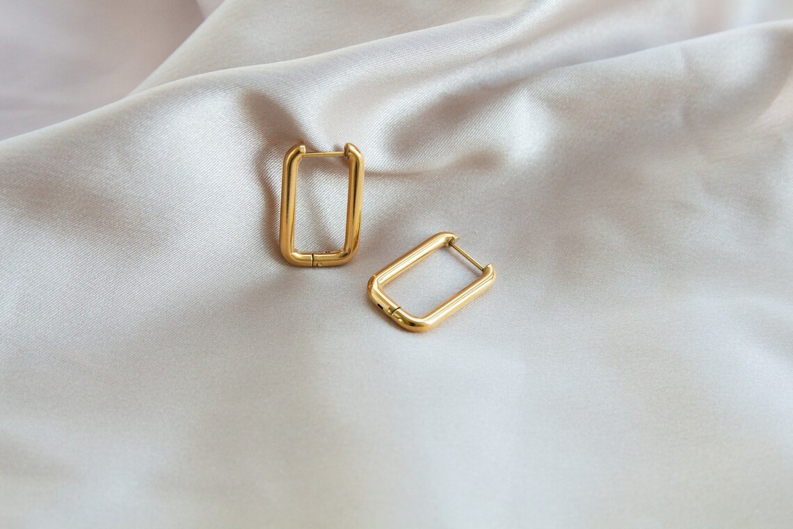 U Shaped Hoop Earrings Gold Oblong Rectangle Hoop, Hinged Link Hoop ...