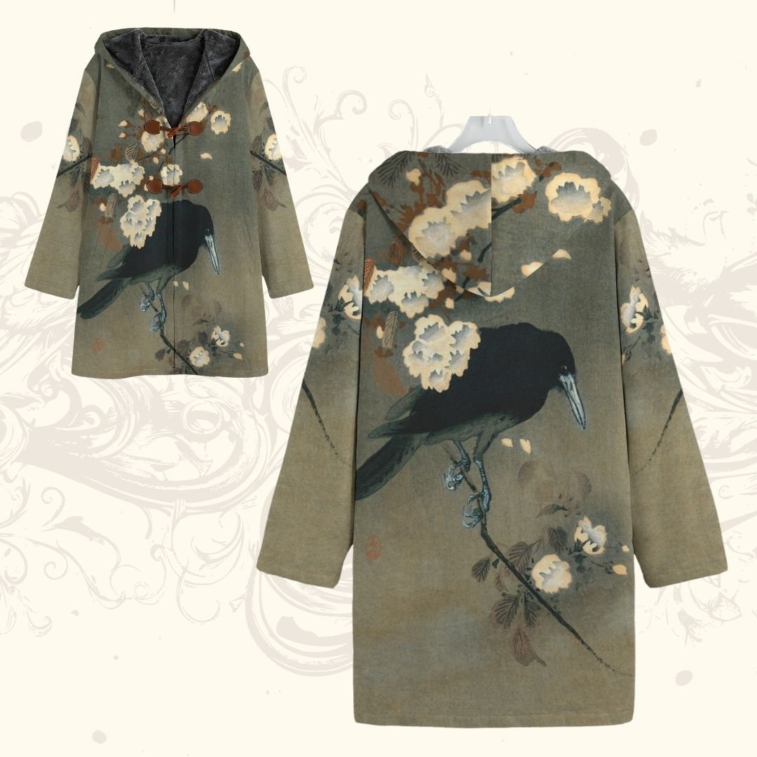 Koson Crow Hooded Cloak Outerwear Overcoat Raven Woodblock Print Fleece ...
