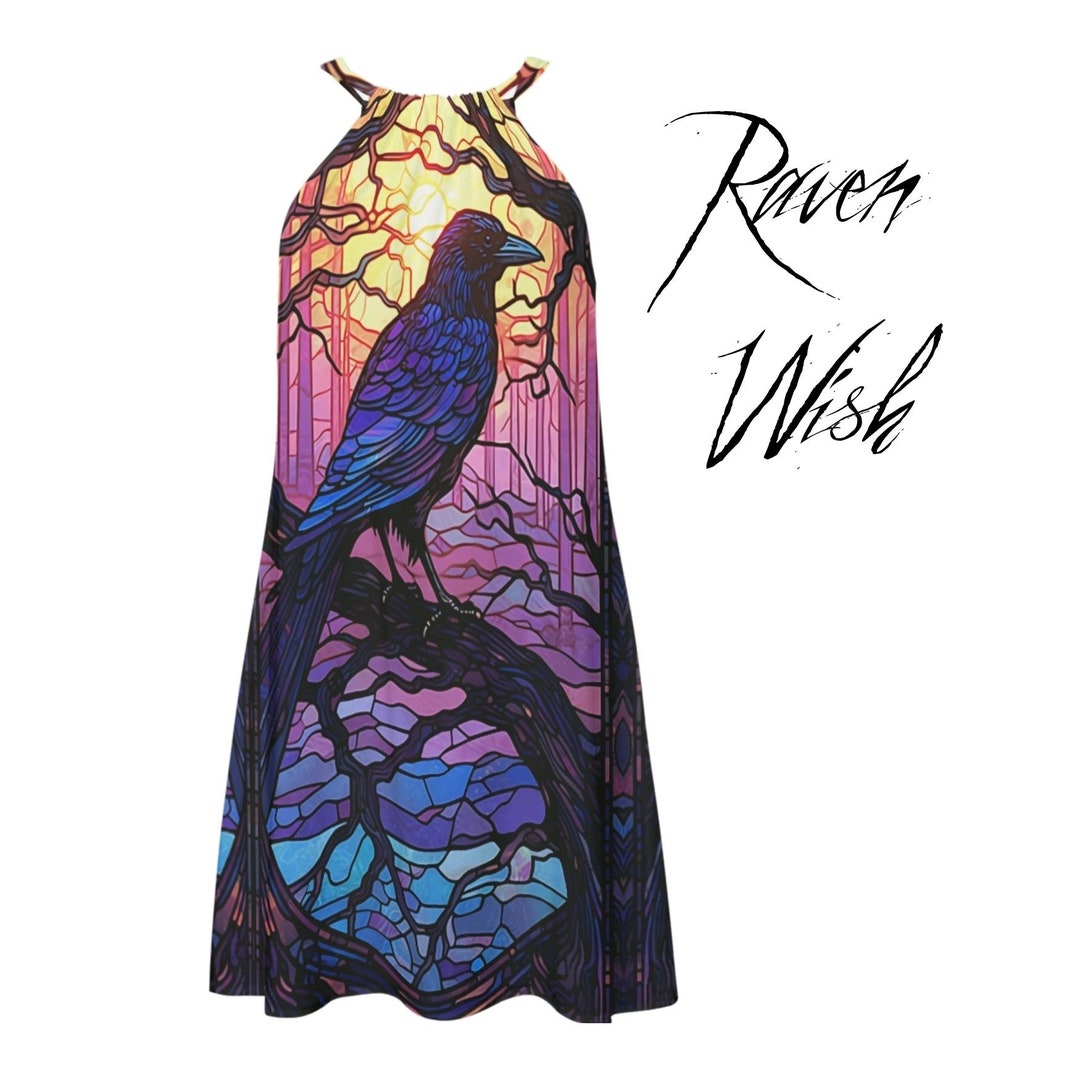 Raven Twilight Dress Gothic Stained Glass Style Crowcore Sundress Rayon ...