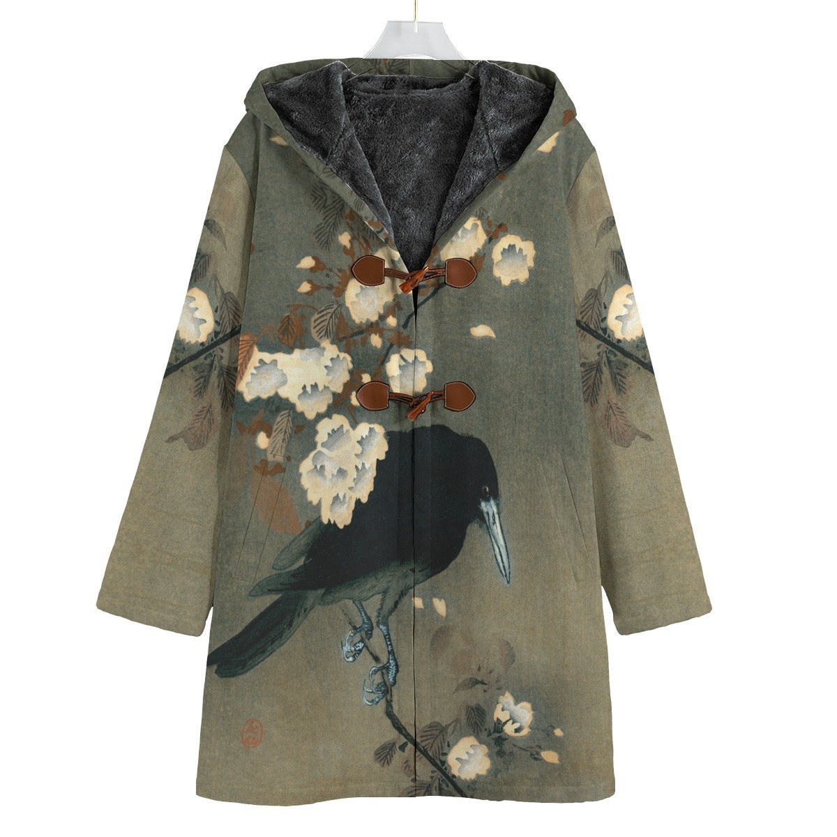 Koson Crow Hooded Cloak Outerwear Overcoat Raven Woodblock Print Fleece ...