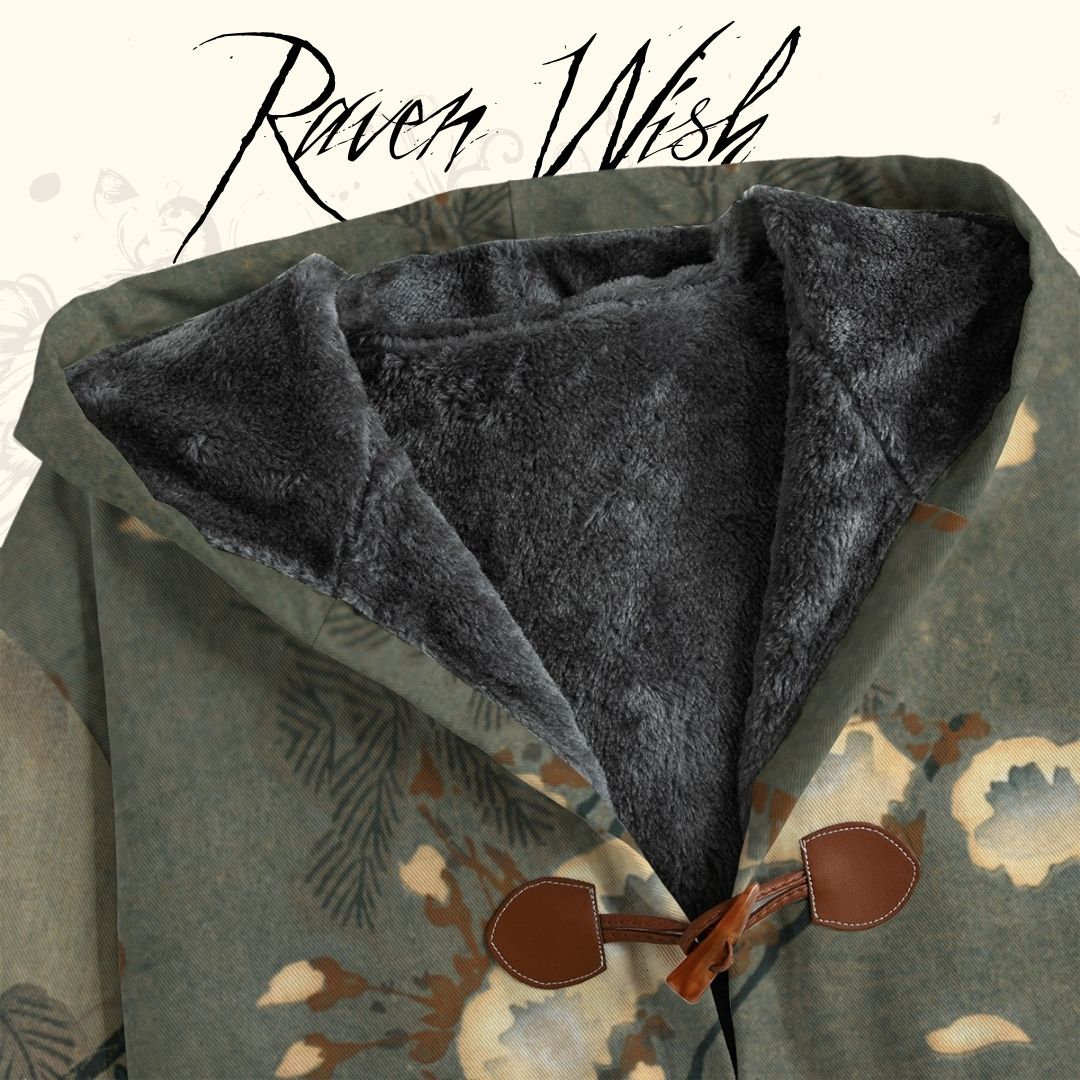 Koson Crow Hooded Cloak Outerwear Overcoat Raven Woodblock Print Fleece ...