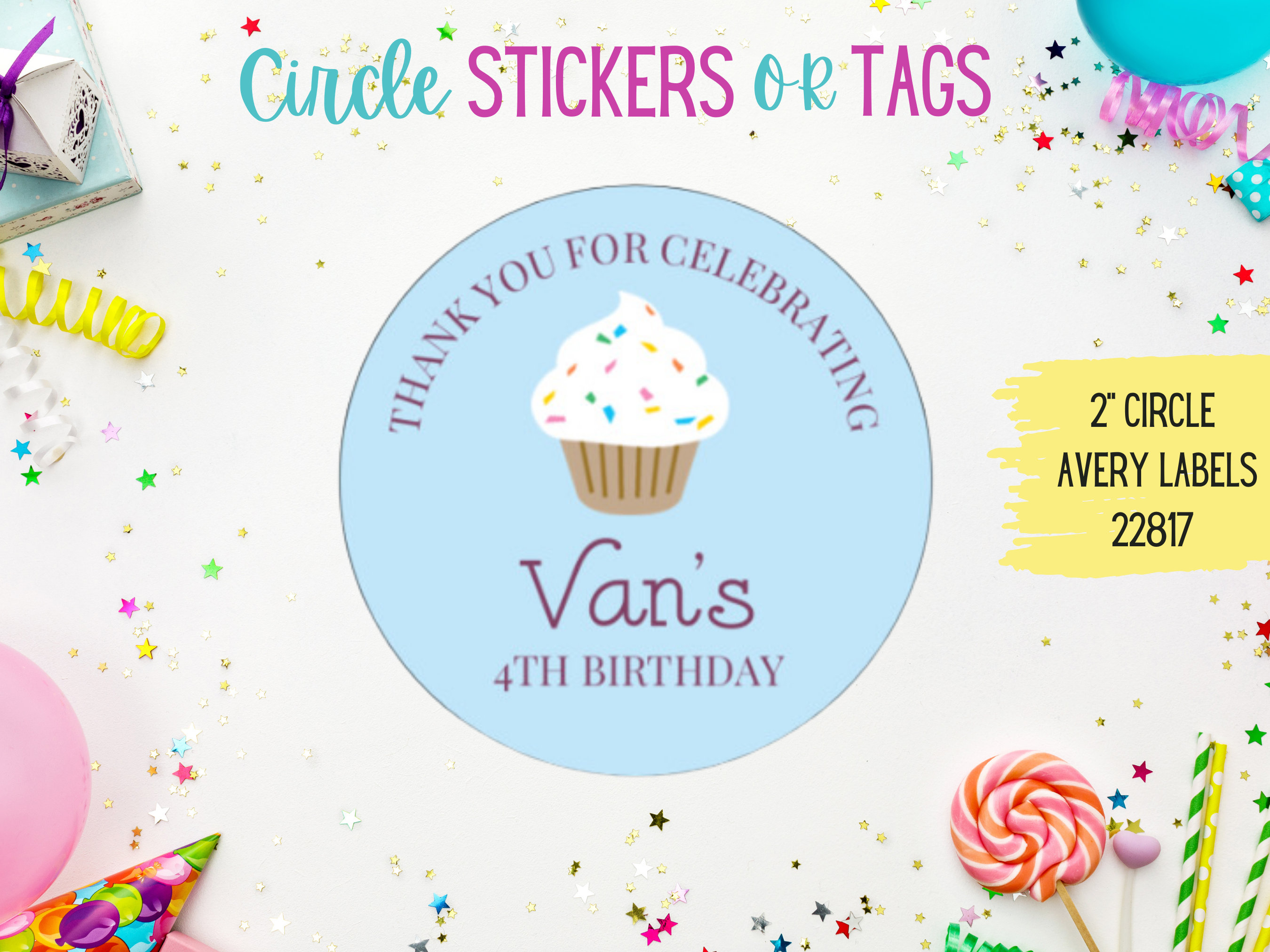 Birthday Thank You Cupcake Stickers | Birthday Party Favor Tags | 2 ...