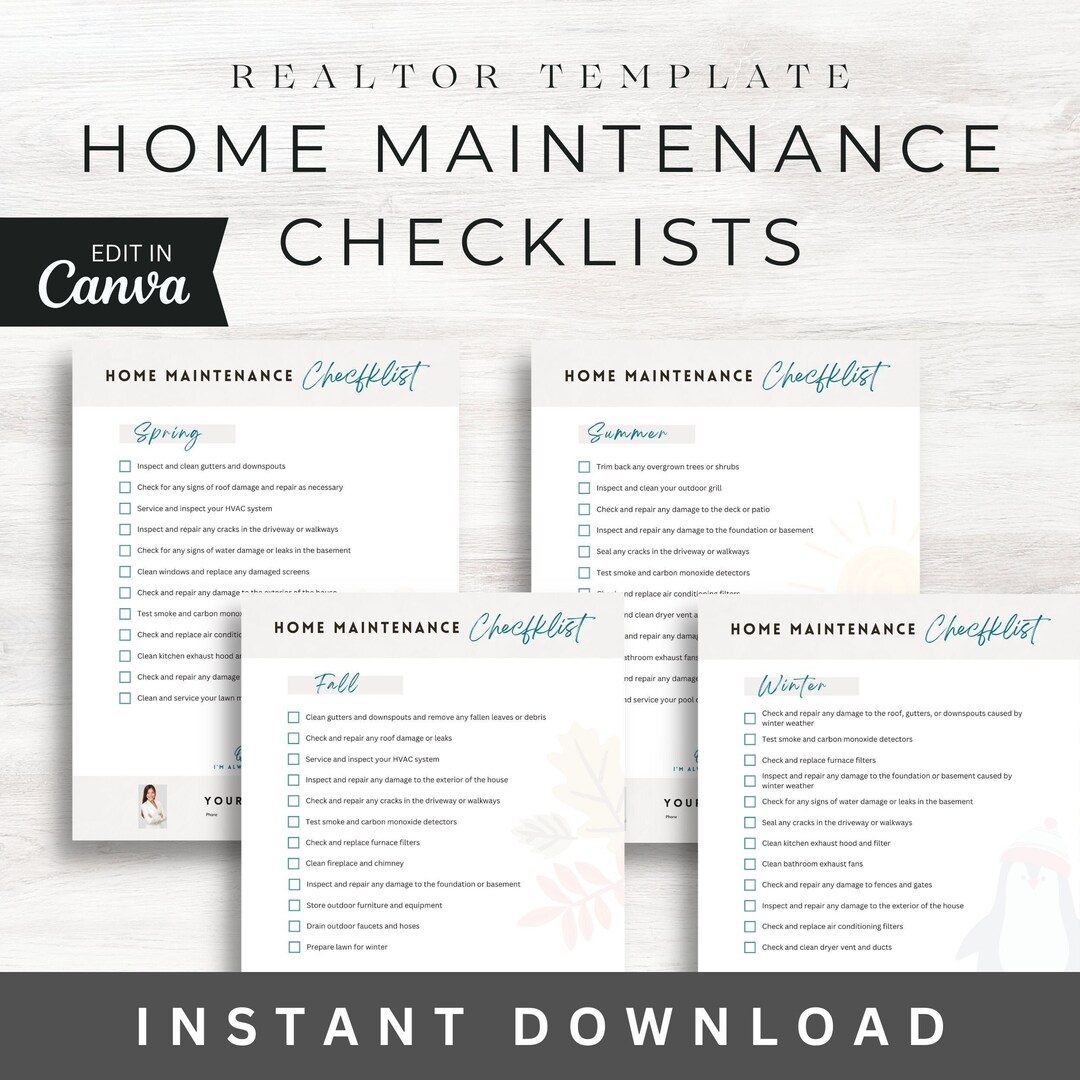 Seasonal Home Maintenance Checklists, Canva Template, Printable PDF ...