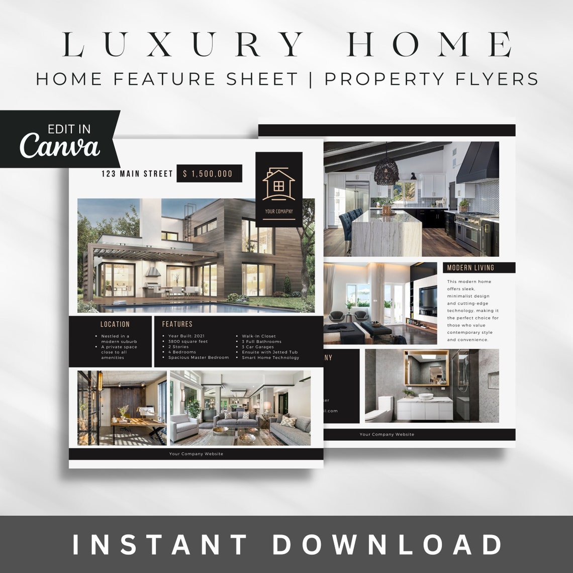 Luxury Home Feature Sheet: Real Estate Flyer Canva Template (digital ...